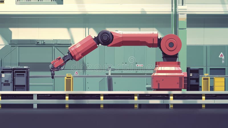 Red Robotic Arm Working in a Factory Environment Setting Stock ...