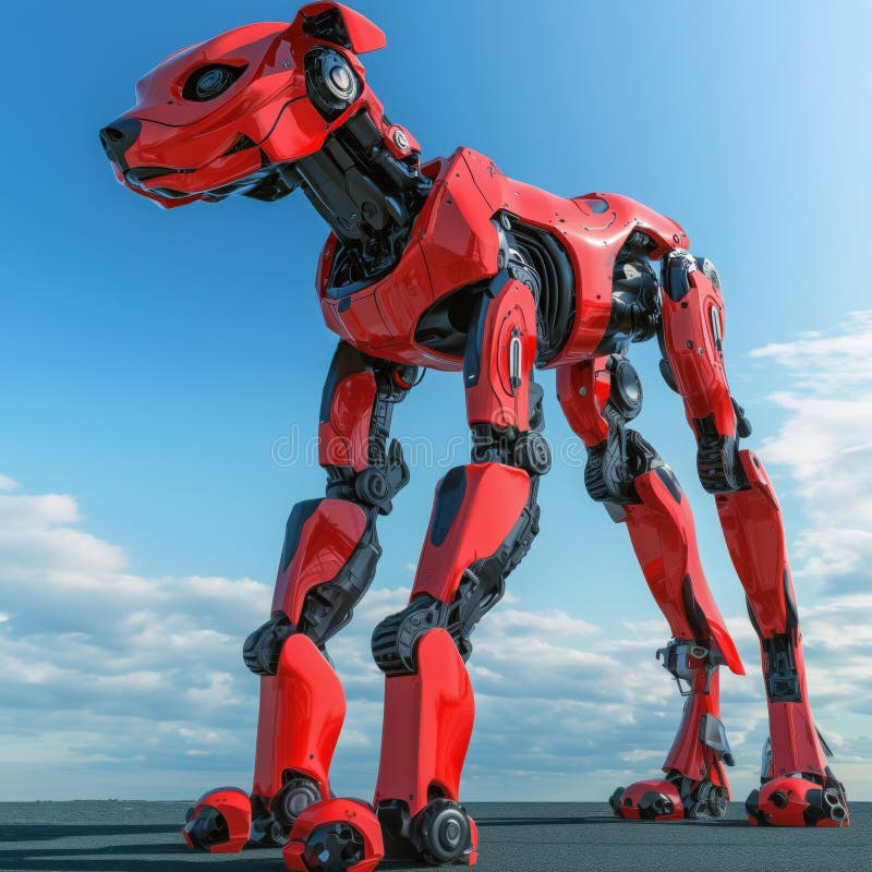 Red Robotic Dog Walking Under Blue Sky with Clouds, Showcasing Advanced ...