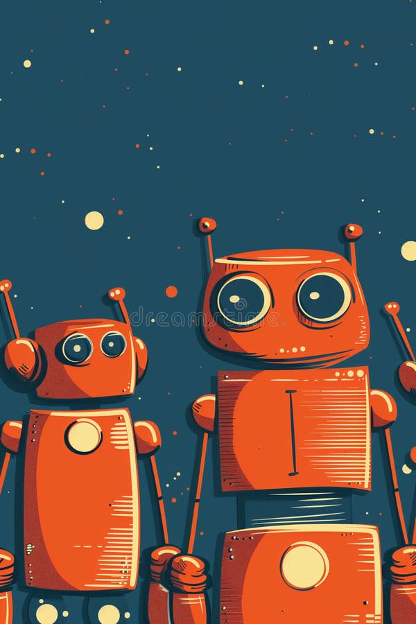 Red Robots Stand in Space with a Blue Background and Stars. Generative ...
