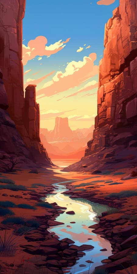 Desert Canyon Stream: a Digital Painting with Flat Perspective and ...
