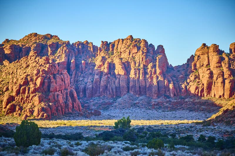 Red Rock Formations at Golden Hour Snow Canyon Eye-Level View Stock ...