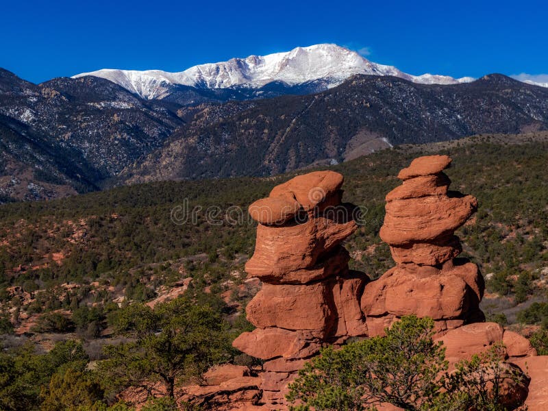 Red Rock Twin Rocks and Pikes Peak Stock Image - Image of springs, twin ...
