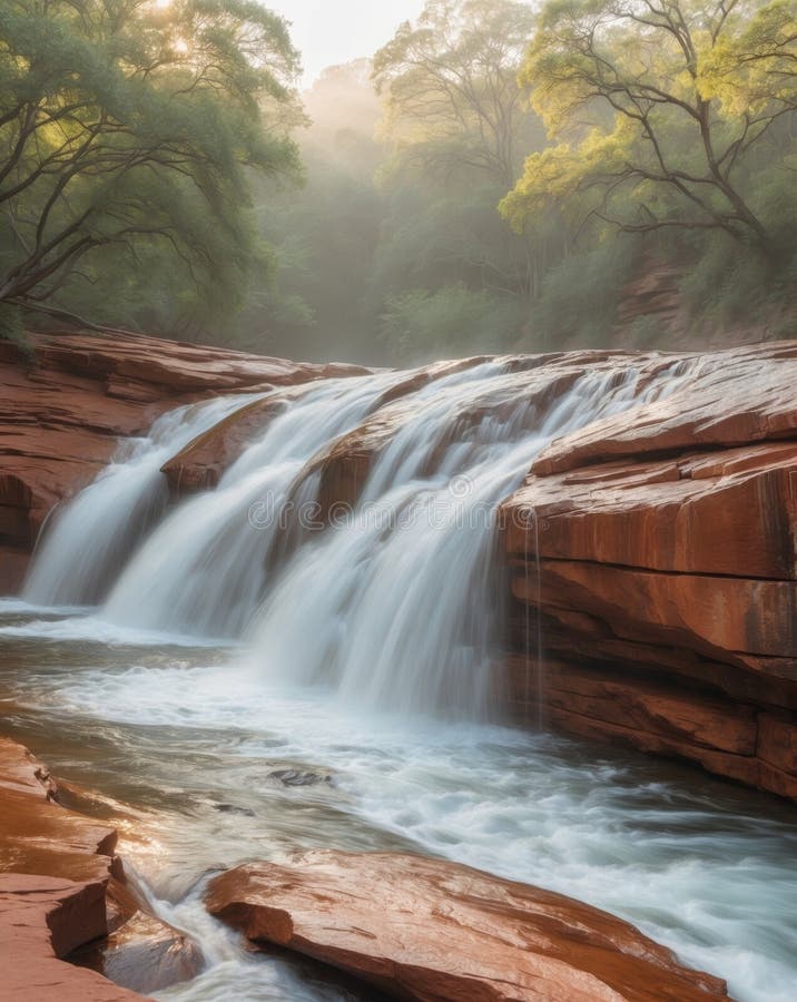 Red Rock Waterfall Landscape with Fast Moving Water Stock Image - Image ...