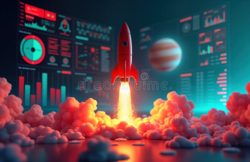 Red Rocket Blasts Off from Futuristic Control Panel Amidst Vibrant Data ...