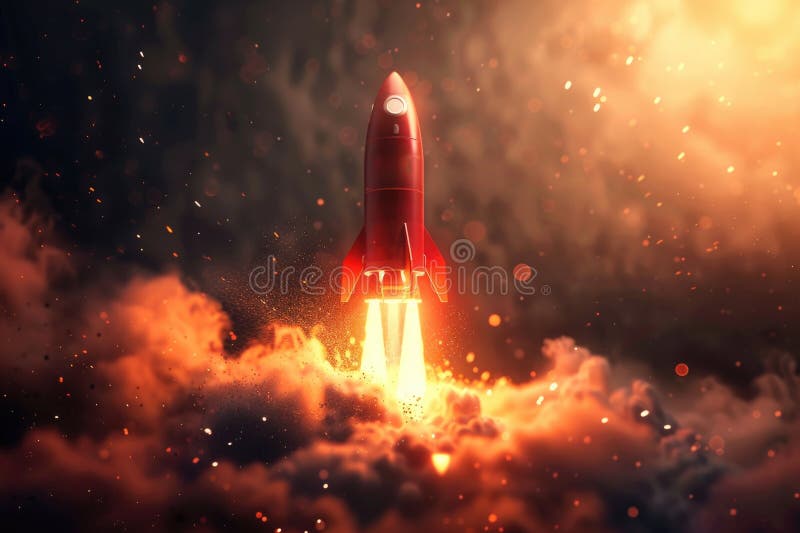 A Red Rocket Blasts Off into the Sky, Leaving a Trail of Smoke Behind ...