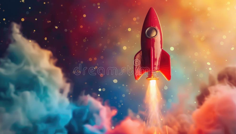 A Red Rocket is Flying through a Colorful Sky with Clouds by AI ...