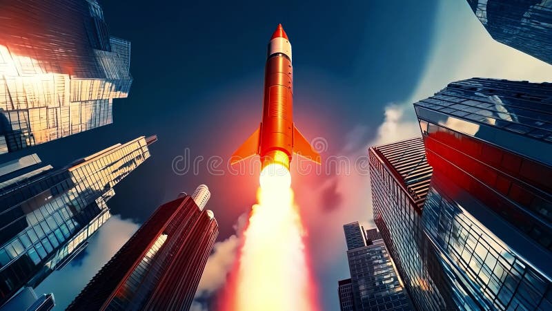 A Red Rocket Flying through the Sky Over a City Stock Video - Video of ...