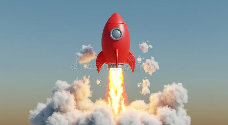 Red Rocket Launching with Fire and Smoke for Startup Success and ...