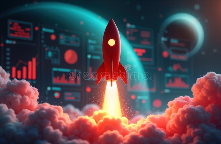 Red Rocket Launches Amid Vibrant Data Visualizations, Distant Planet in ...