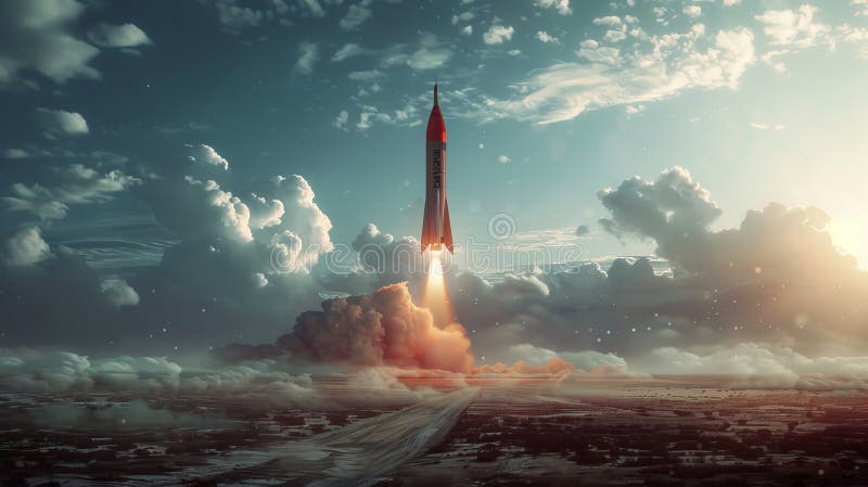 Red Rocket Launching through Clouds Stock Image - Image of aerospace ...