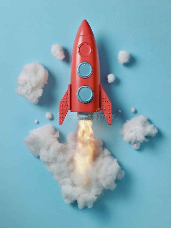 Red Rocket Launching in Clouds - Startup Concept Stock Illustration ...