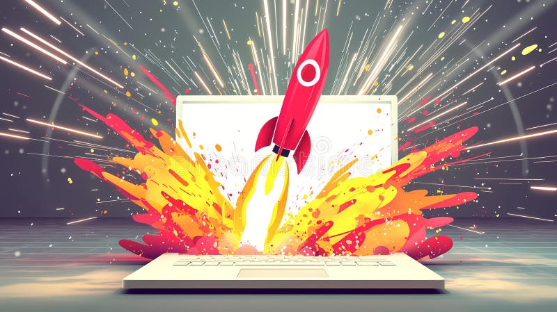 Rocket Launching from a Laptop Screen with Colorful Splashes Stock ...