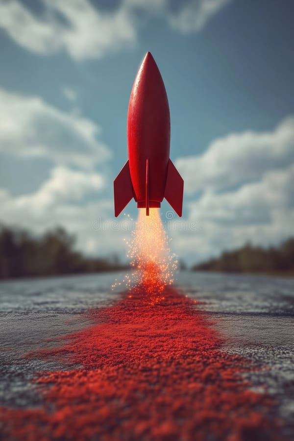 Red Rocket Launching into the Sky, Leaving a Trail of Red Sparks on a ...