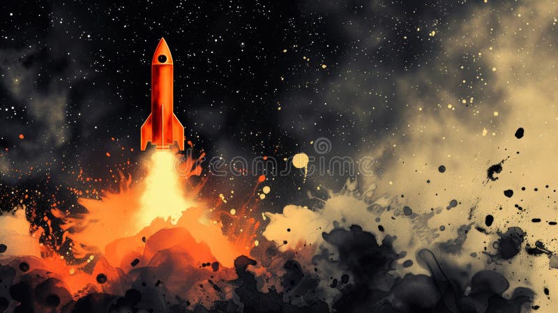 Red Rocket Launching into Space with Colorful Explosion, Abstract ...