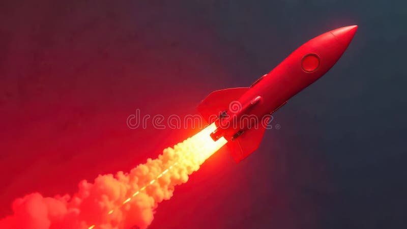 Red Rocket Launching into Space with Fiery Exhaust Trail Stock ...
