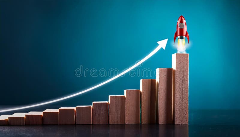 Red Rocket Launching from Upward Bar Graph, Symbolizing Business Growth ...