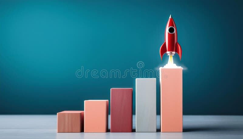Red Rocket Launching from Upward Bar Graph, Symbolizing Business Growth ...