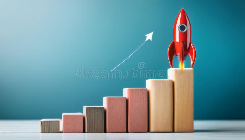 Red Rocket Launching from Upward Bar Graph, Symbolizing Business Growth ...