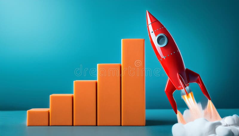 Red Rocket Launching from Upward Bar Graph, Symbolizing Business Growth ...