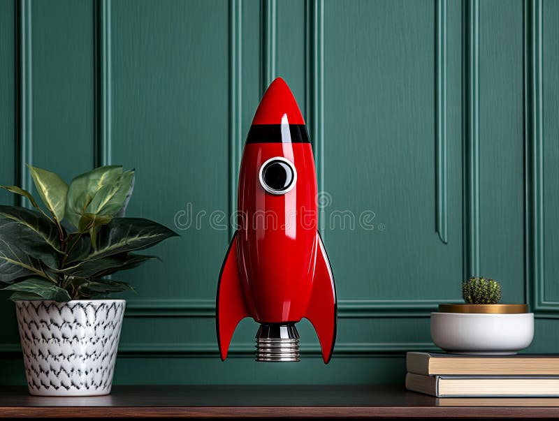A Red Rocket Shaped Light Bulb Sitting on Top of a Table Next To a ...