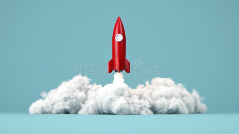 Red Rocket Ship Blasting Off into the Clouds Stock Illustration ...