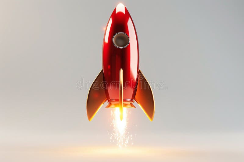Red Rocket Ship Taking Off Against a White Background Stock ...