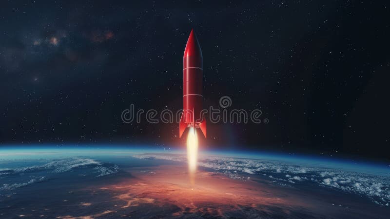 Red Rocket Flying Above Earth Stock Image - Image of power, technology ...