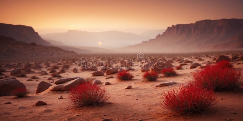 Red Rocky Desert Landscape in the Mist at Sunrise. Stock Photo - Image ...