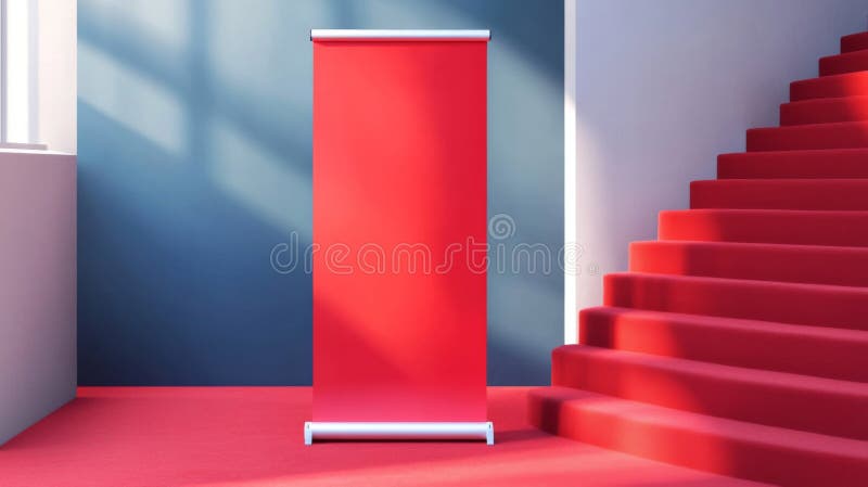 Red Roll-Up Banner Display in a Minimalist Interior Stock Illustration ...