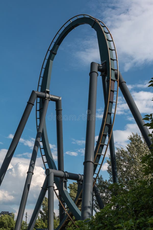 Red Roller-coaster Track Inside Public Amusement Park Stock Photo ...