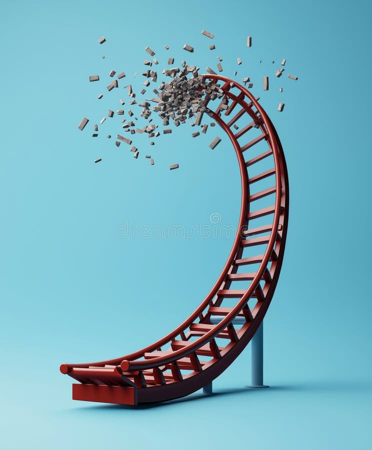 A Red Roller Coaster Track with a Missing Section, with Debris Floating ...