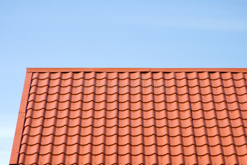 Red Roof of Metal Roofing on the Sky Background Stock Photo - Image of ...