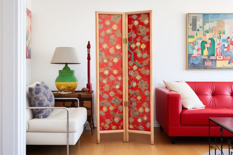 Red Room Divider with Oriental Artwork Against a White Wall Stock Photo ...