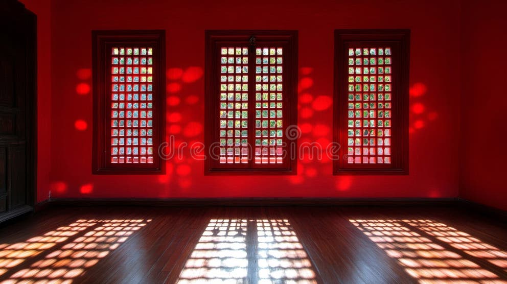 Red Room Interior with Capiz Shell Windows and Sunlight Stock ...