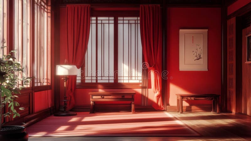 Red Room Interior with Wooden Accents and Sunlight Streaming through a ...