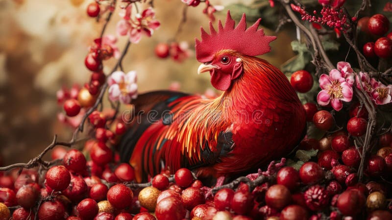 Red Rooster Amidst Red Berries and Pink Flowers Stock Illustration ...