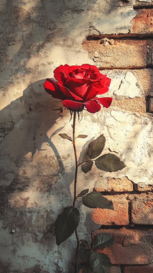 Red Rose Against a Rustic Brick Wall, Romantic Atmosphere. Nature and ...