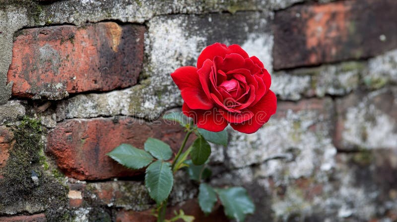 Red Rose Against Weathered Brick Wall, Nature and Growth Concept Stock ...