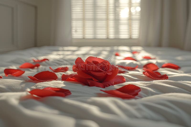 Red Rose is on a Bed with Petals Scattered Around it Stock Illustration ...