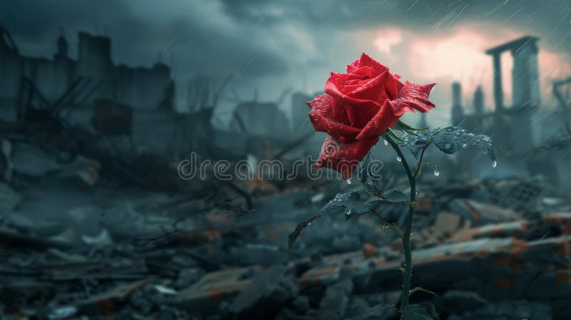 Red Rose Blooming in a Desolate Post-apocalyptic Landscape, Concept of ...