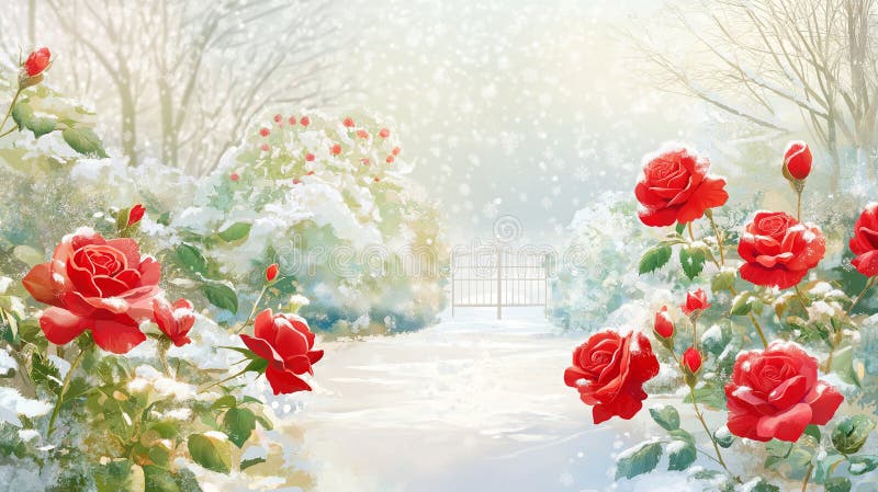 Red Rose Blooming in Snowy Winter Garden, with Copy Space Stock Photo ...
