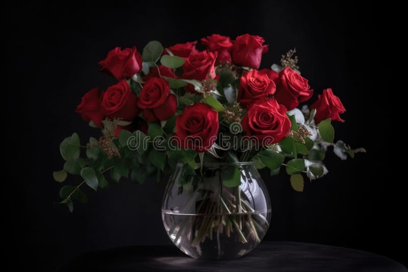 Red Rose Bouquet in Clear Vase on Dark Background Stock Illustration ...