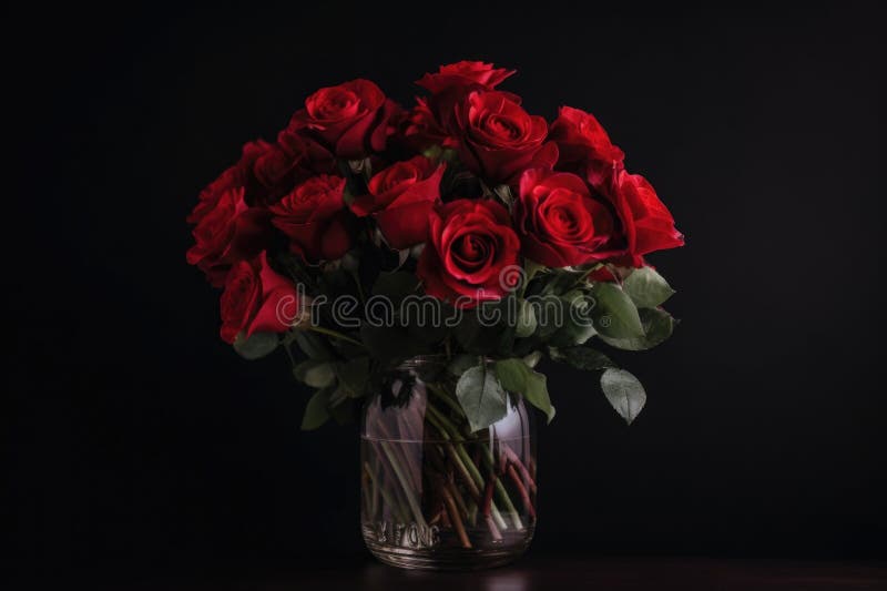 Red Rose Bouquet in Clear Vase on Dark Background Stock Illustration ...