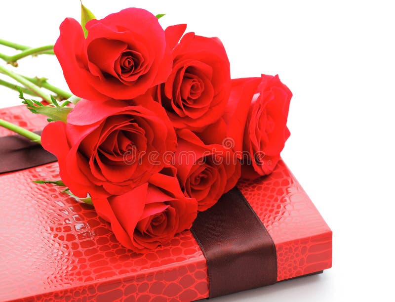 Red Rose Bouquet and Gift Box Stock Photo - Image of blossom, bouquet ...