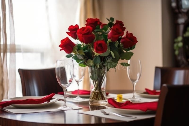 Red Rose Bouquet in Vase on Dining Table, Setting the Scene for a ...