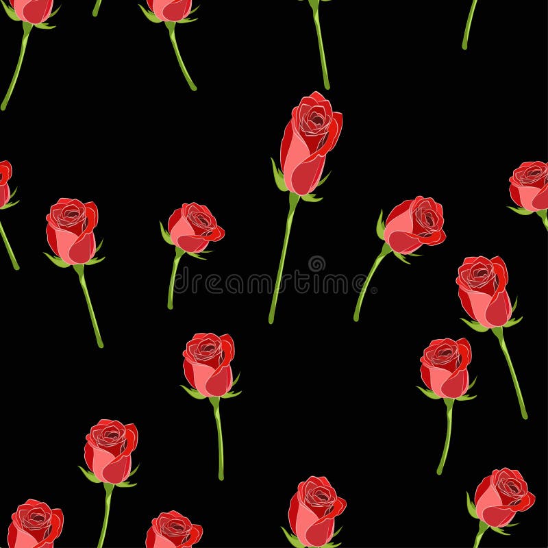 Red Rose Buttons on the Stem Vector Seamless Pattern on a Black ...