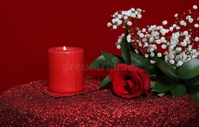 Red Rose with Candle on Red Velvet Background Stock Image - Image of ...