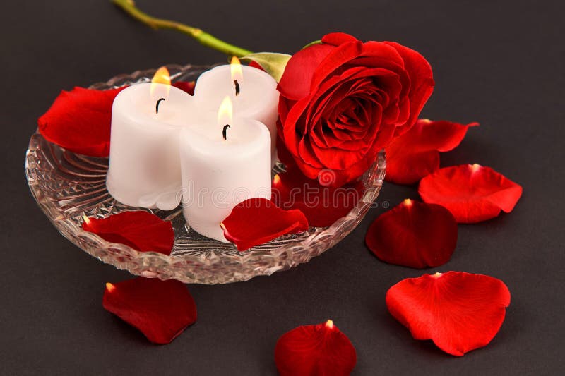 Red Rose, Candles, Red Rose Petals on Black Background Stock Photo ...