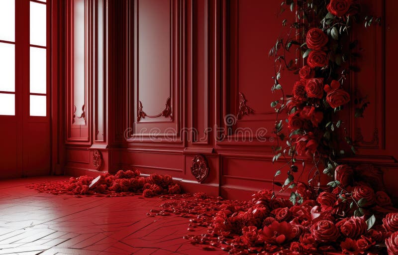 Red Rose Cascade in Classical Room Stock Illustration - Illustration of ...