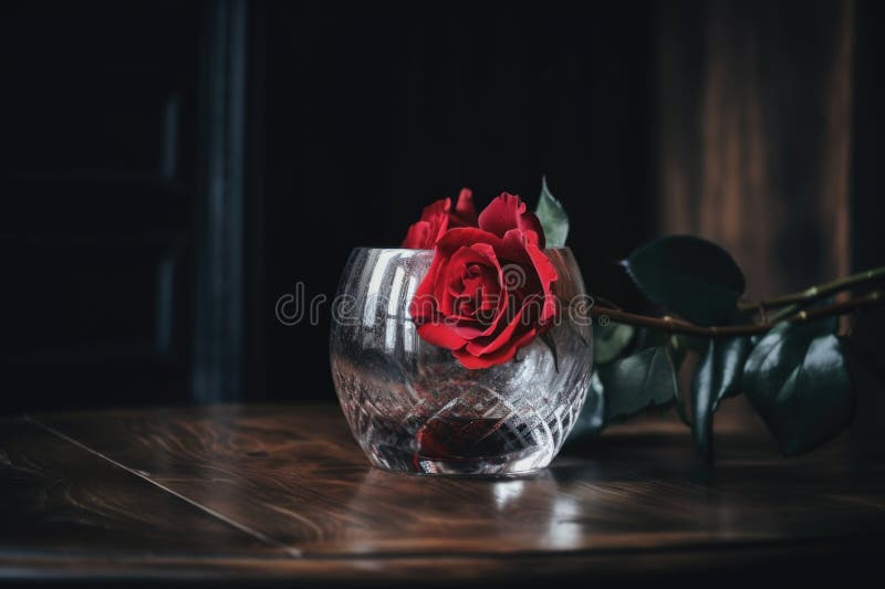 Red Rose in Clear Vase on Dark Wooden Table Stock Illustration ...